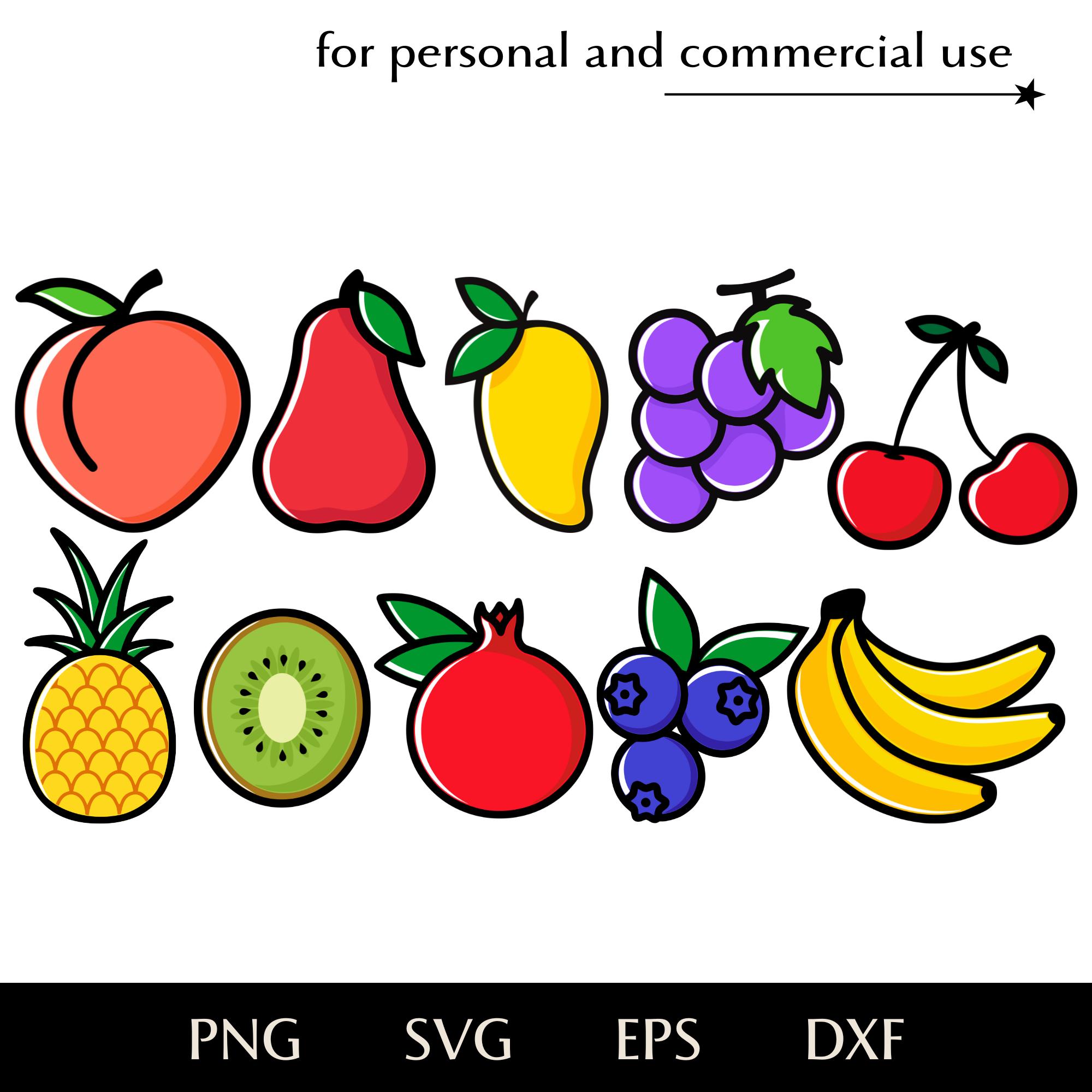 Minimalistic Fruit Bundle SVG, Banana Blueberry Cherry Grapes Kiwi ...