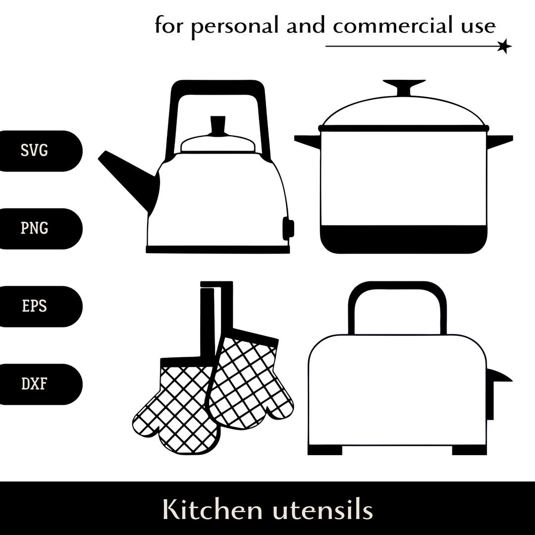Kitchen Utensils SVG Bundle, Kettle Pan and Toaster Png, Eps, Dxf ...