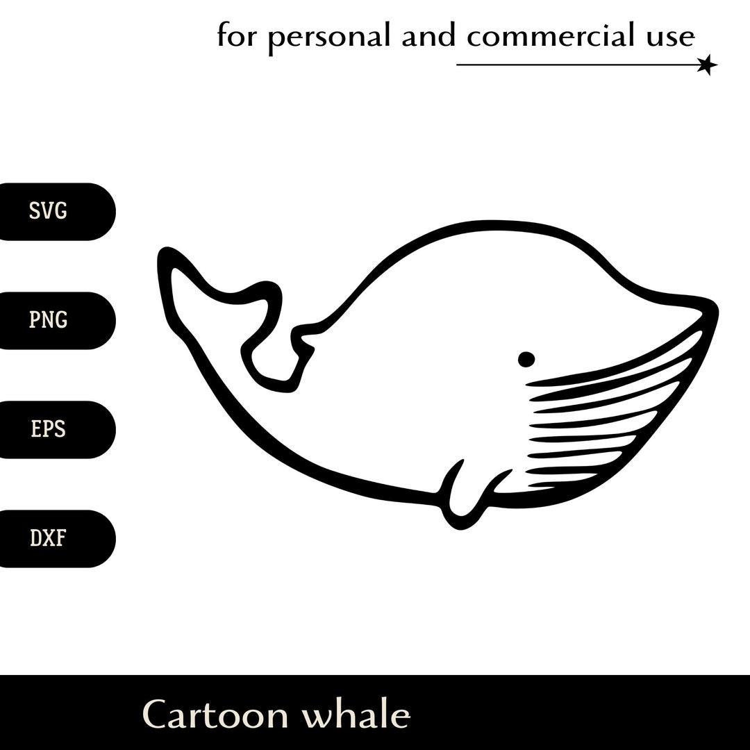 Black & White Cartoon Whale SVG Clipart, Digital Download Sea Animal ...