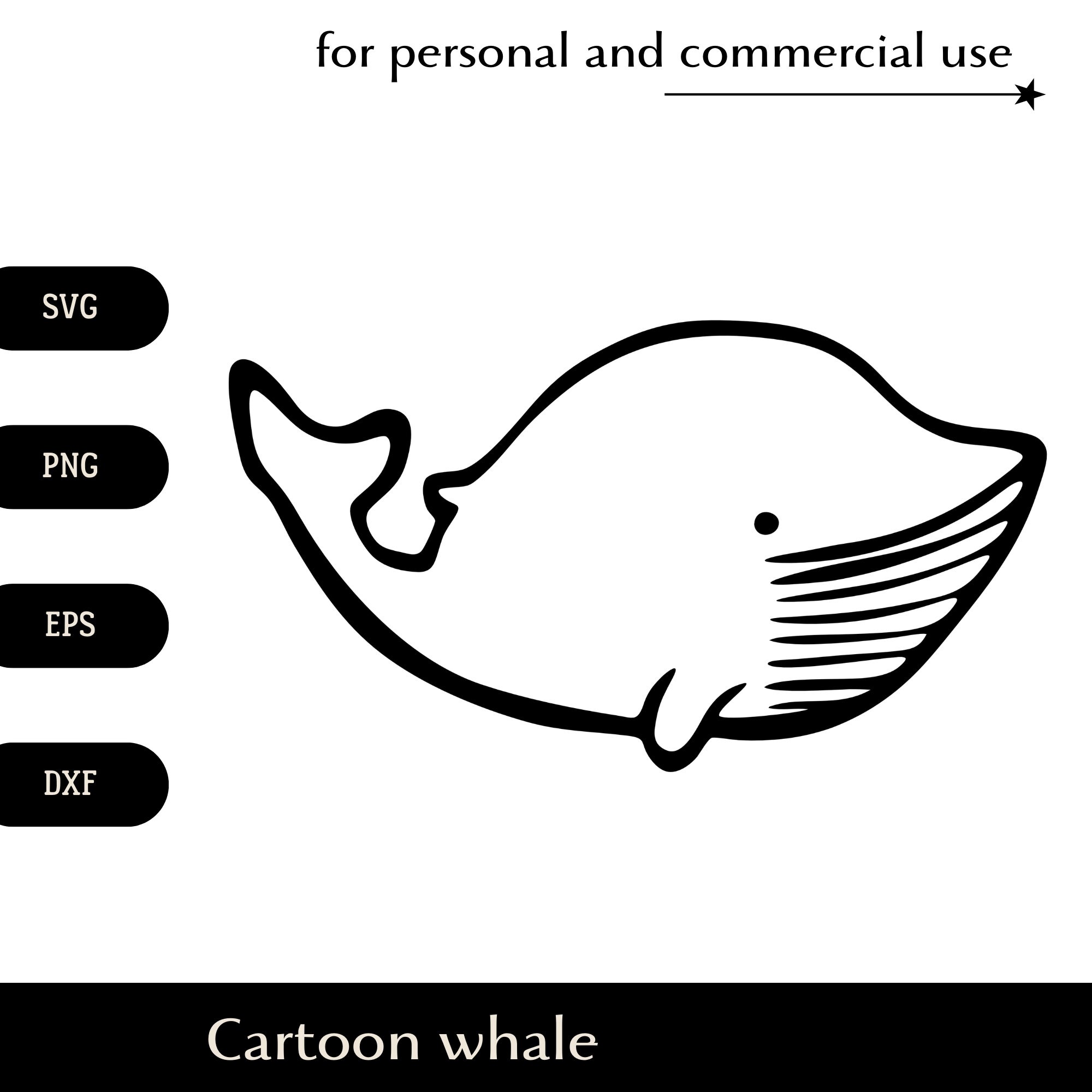 Black & White Cartoon Whale SVG Clipart, Digital Download Sea Animal ...