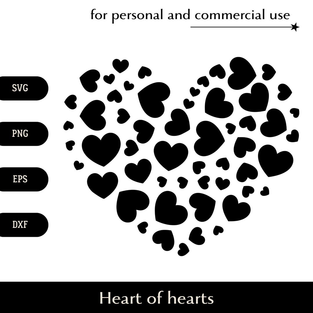 Black & White Heart Made up of Little Hearts SVG, Many Many Hearts Png ...