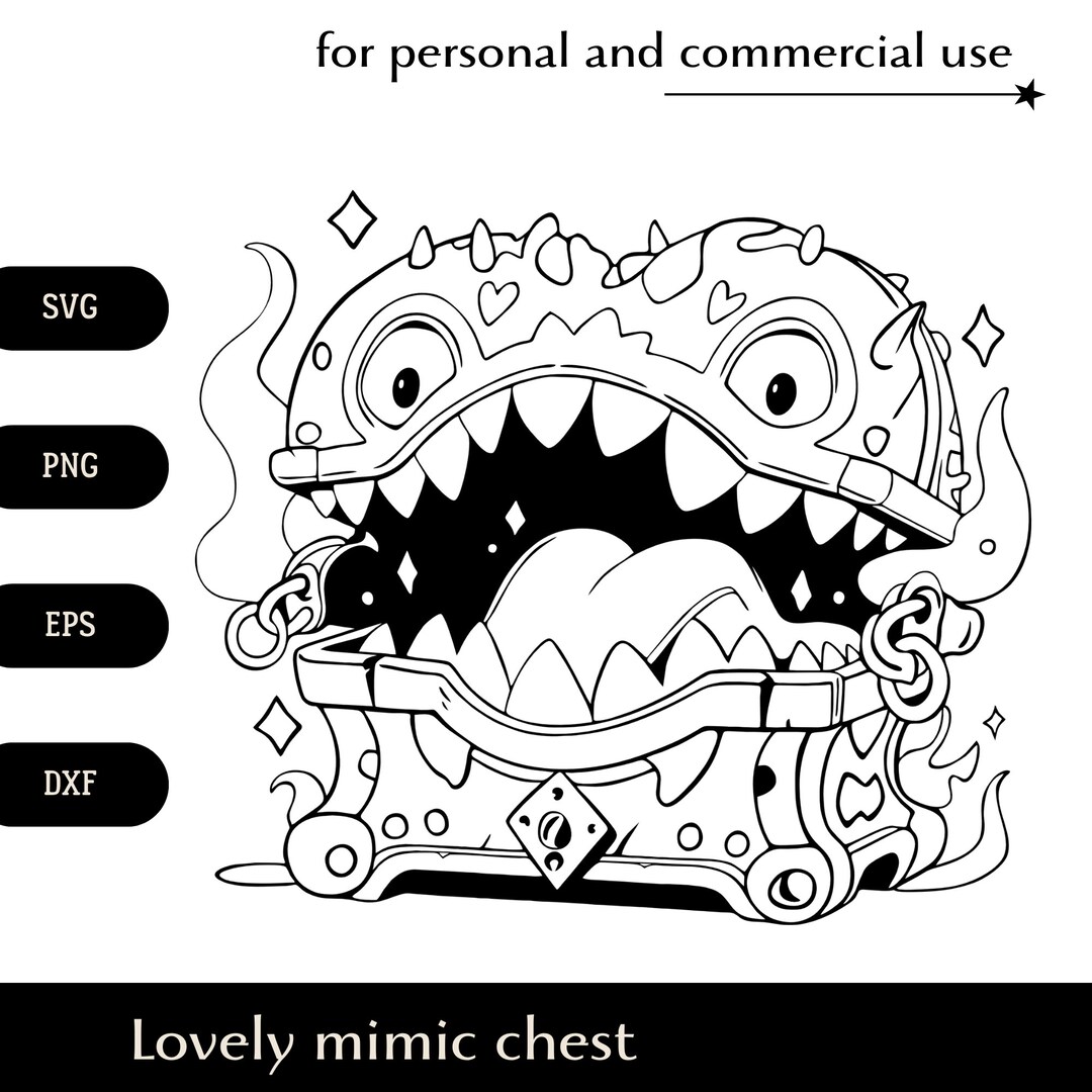 Black & White Lovely Mimic Chest With Open Mouth SVG, Dnd Monster in ...