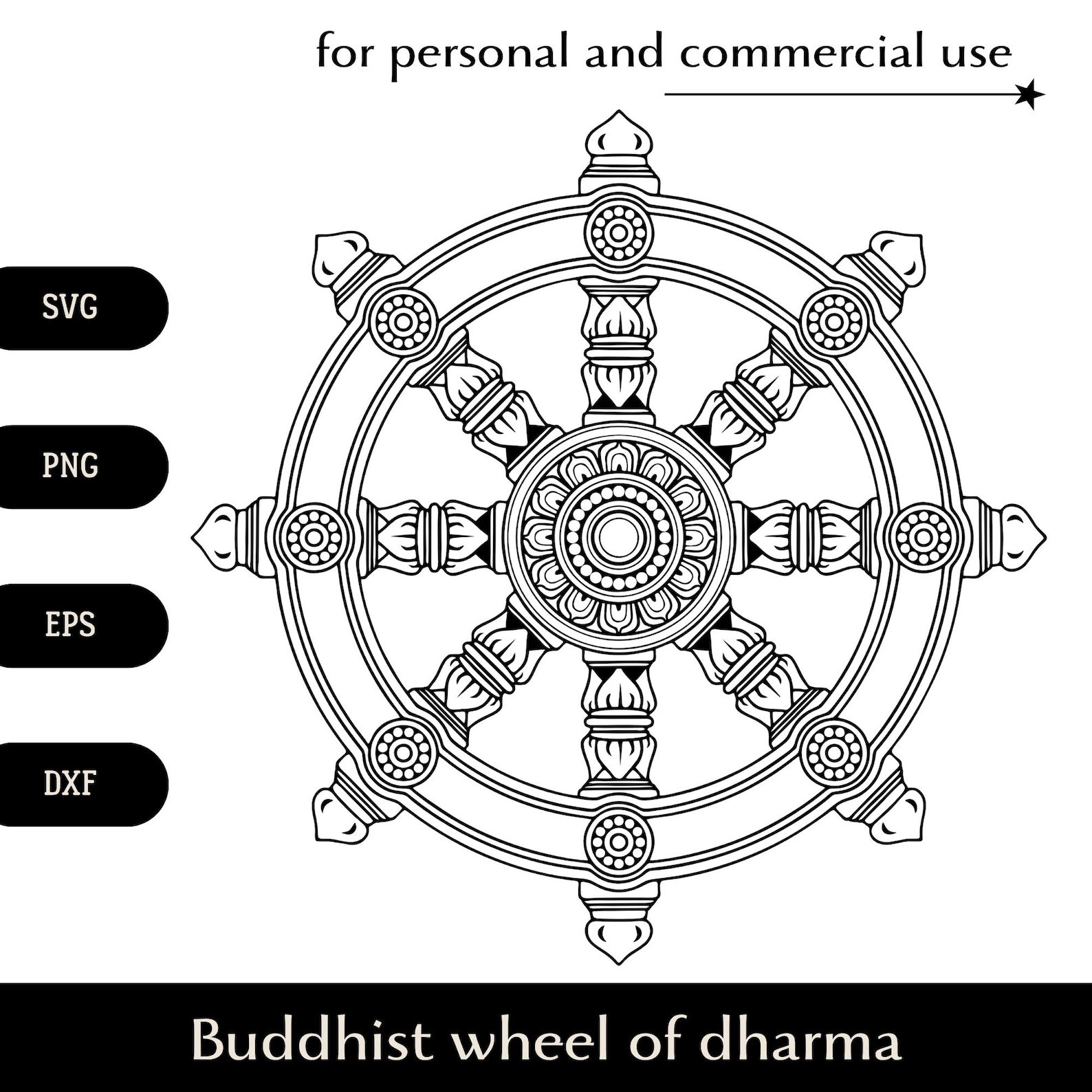 Black & White Buddhist Wheel of Dharma SVG Clipart, Dharmachakra Png ...