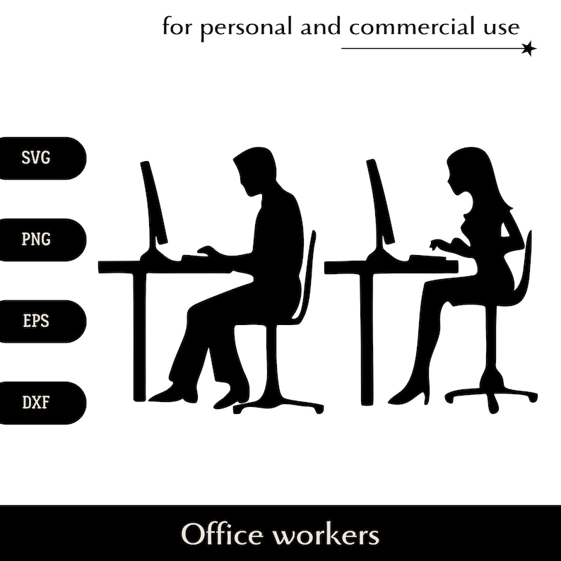 Silhouette of Office Workers SVG, Man and Woman Working on Computer Png ...