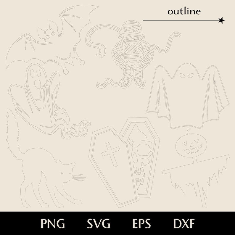 Classic Halloween Symbols SVG, Blanket Ghost Black Cat Coffin Flying ...