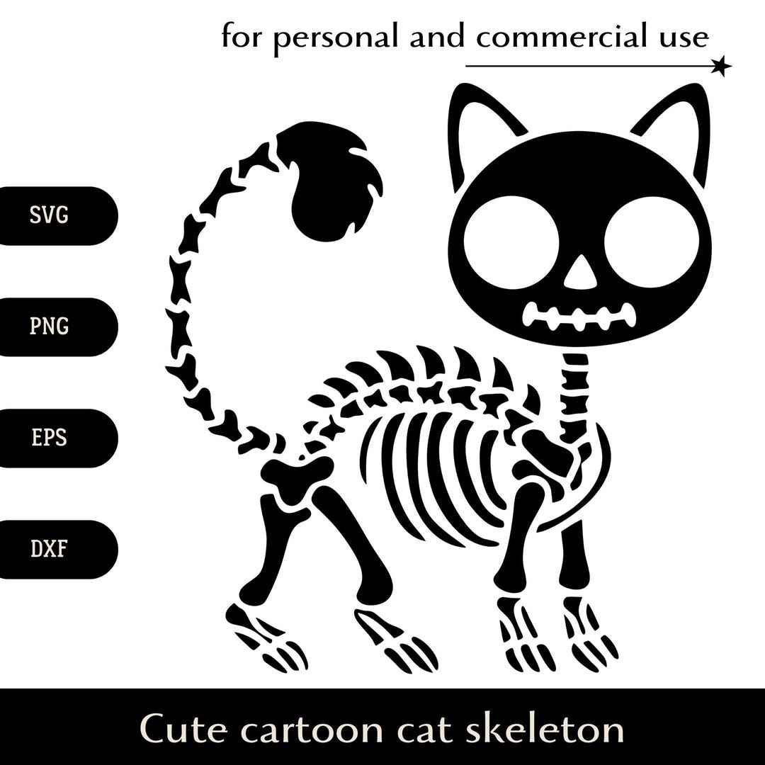 Black & White Cute Cartoon Cat Skeleton SVG Logo, Imaginary Monster Pet ...