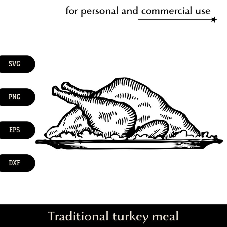Black & White Traditional Turkey Meal SVG, Cooked Poultry on Plate Png ...