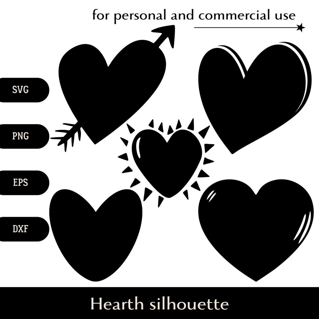 Hearth Silhouette SVG Bundle, Set of Black & White Single Layer Hearts ...