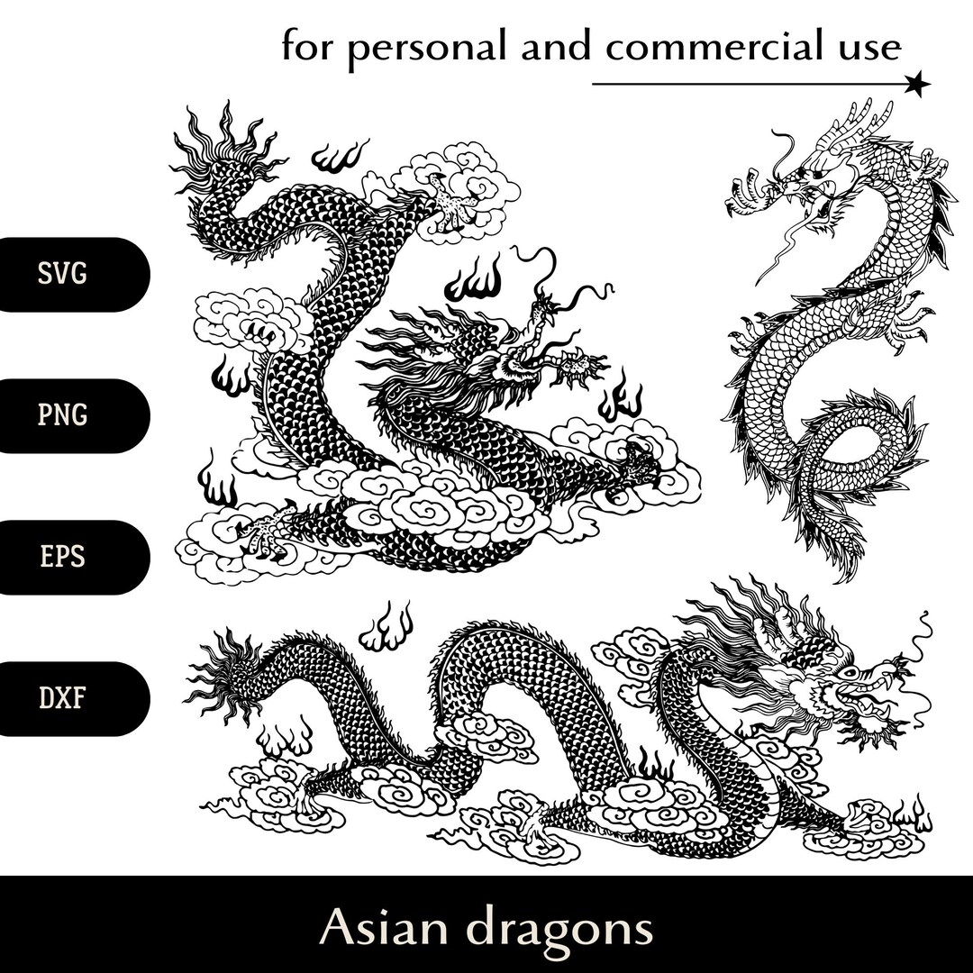 Black & White Asian Dragons in the Sky Bundle SVG, Roaring Beast With ...