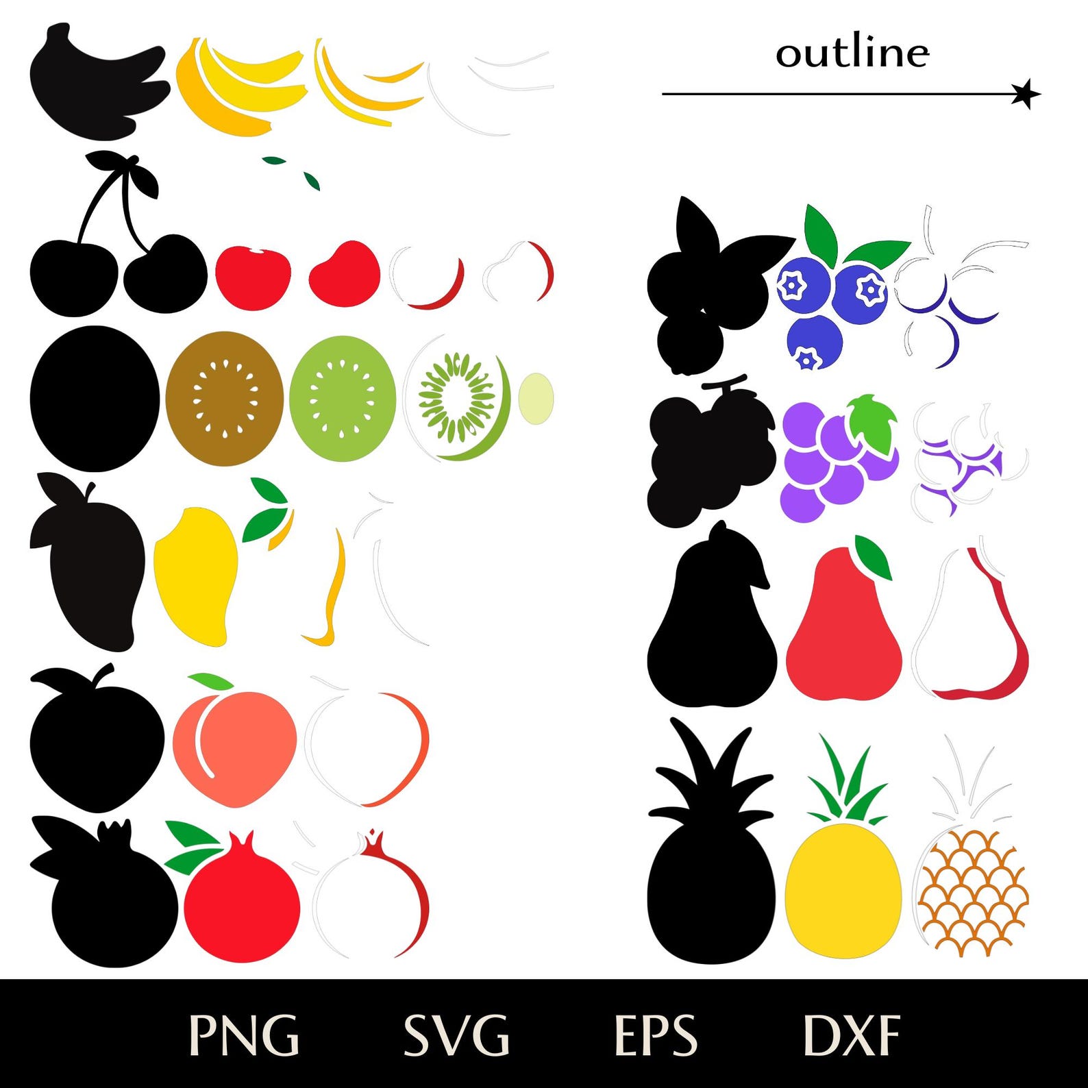 Minimalistic Fruit Bundle SVG, Banana Blueberry Cherry Grapes Kiwi ...