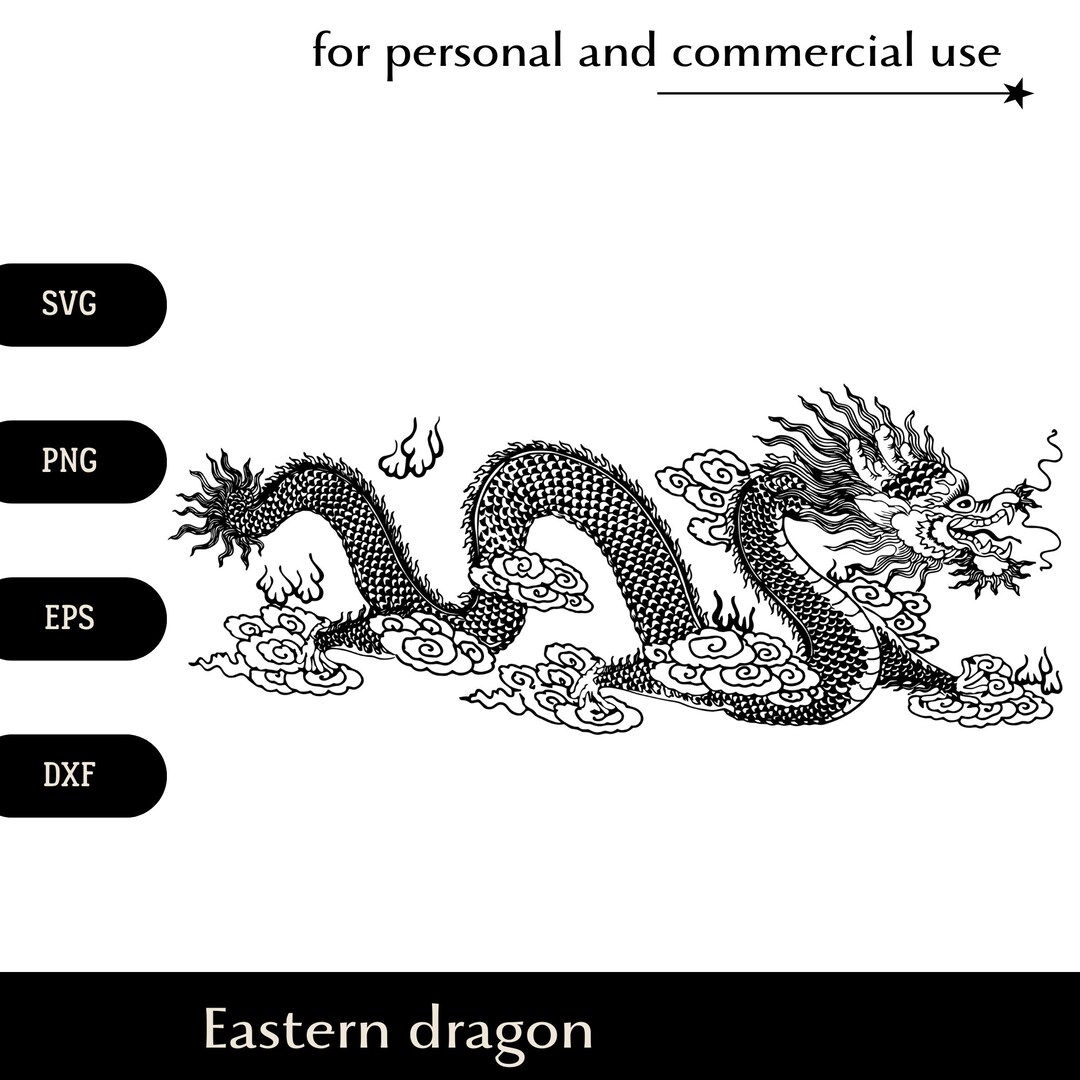Black & White Eastern Dragon in Clouds SVG, Japanese Long Thin Dragon ...