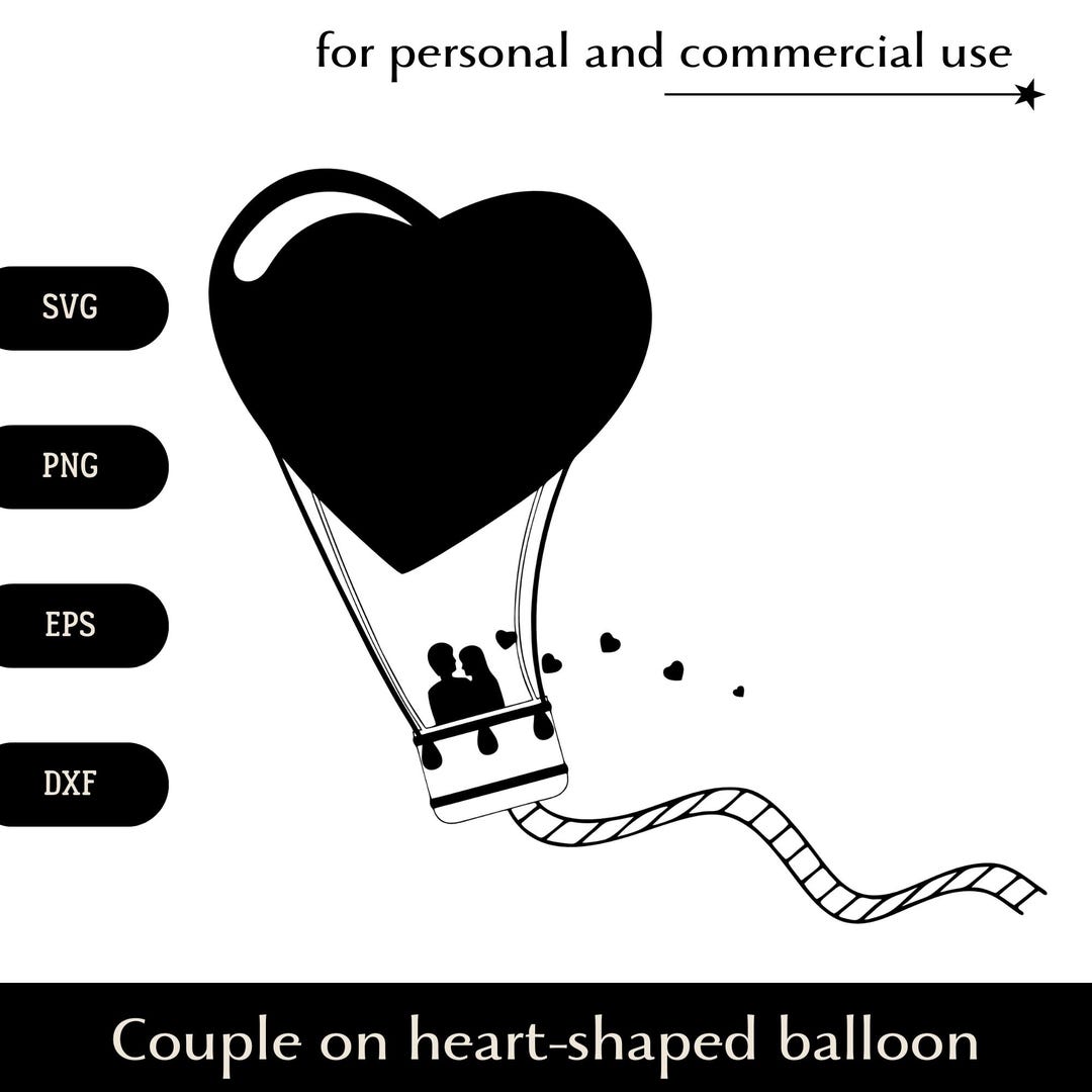 Couple in Love on Heart-shaped Balloon SVG, Hot Air Balloon With Hearts ...