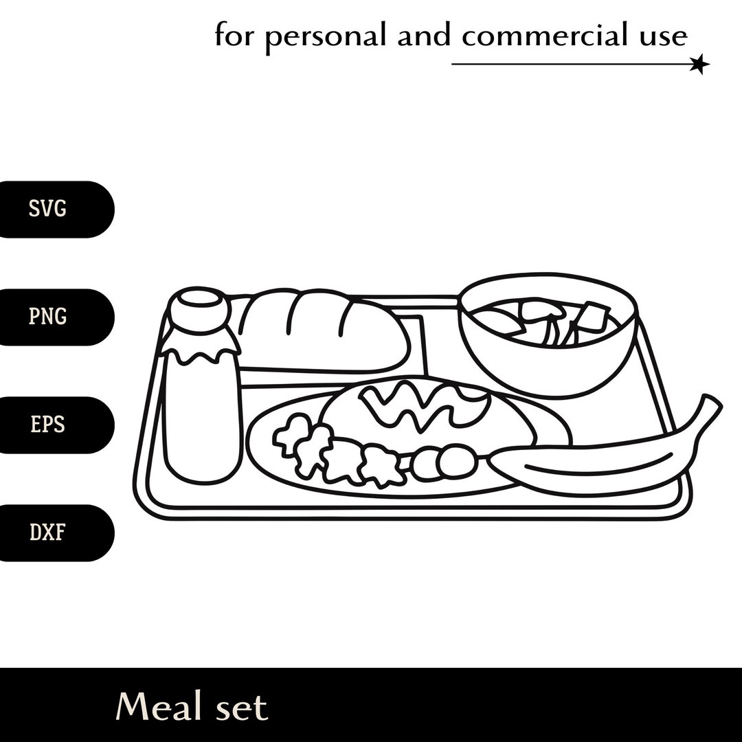 Black & White Meal Set on a Tray SVG, Daily Meal Routine Png, Eps, Dxf ...