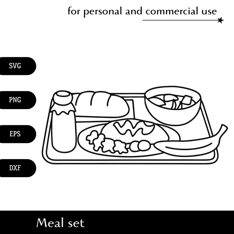 Black & White Meal Set on a Tray SVG, Daily Meal Routine Png, Eps, Dxf ...