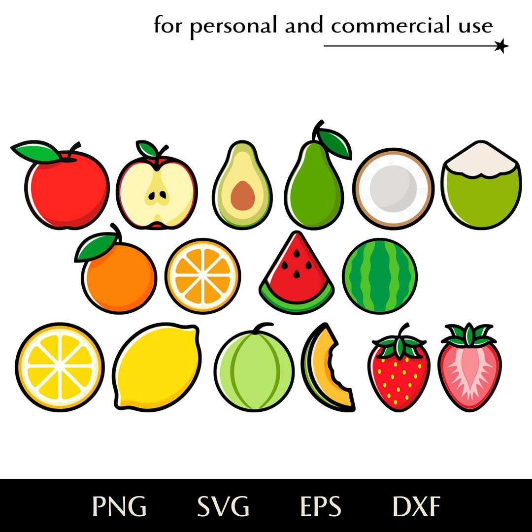 Fruits and Berries Whole and Cut Bundle SVG, Apple Avocado Coconut ...