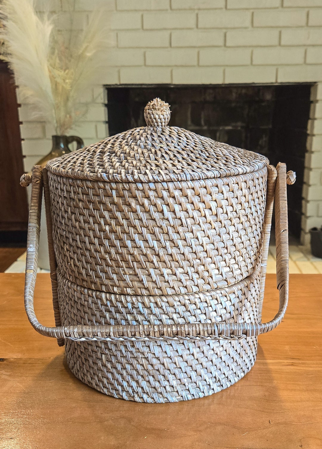 Handwoven 2 Tier Stacked Basket With Lid and Handle - Etsy