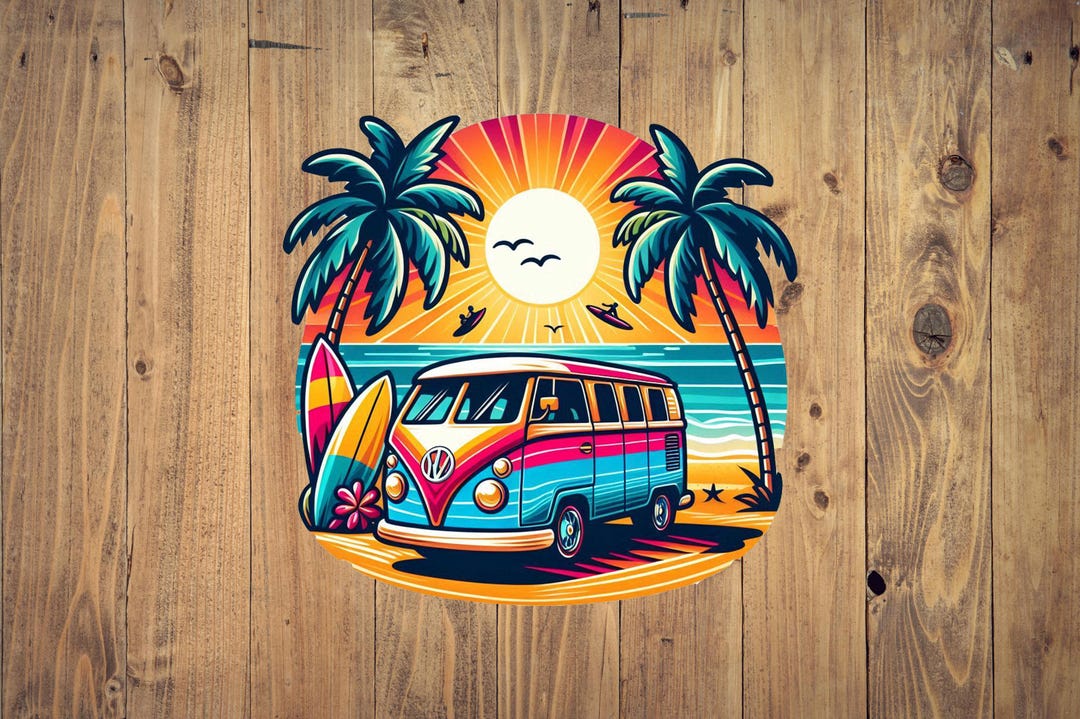 Surfing Van Vinyl Sticker, Art Decals, Surfing Vinyl Stickers, Surfer ...