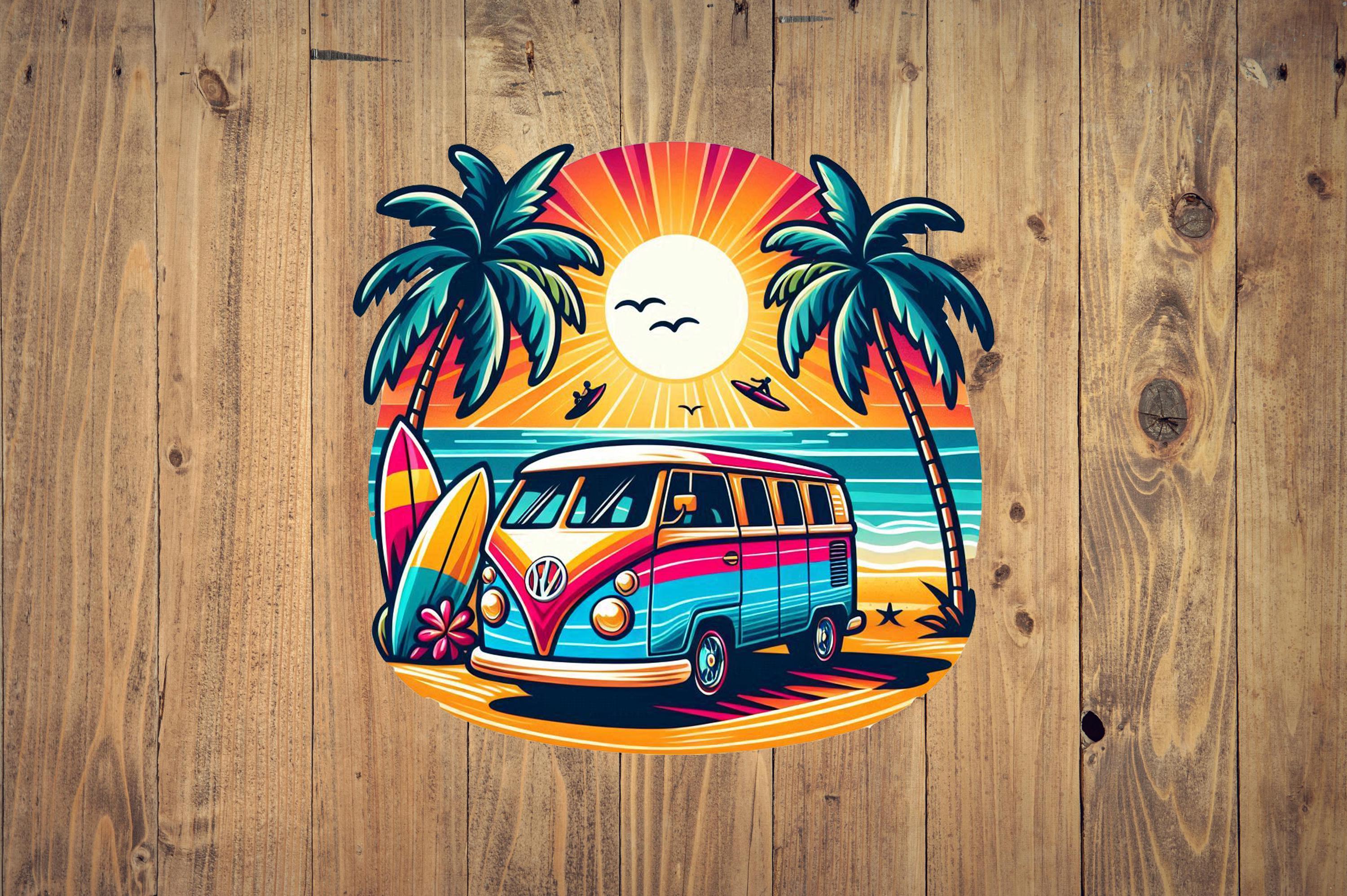 Surfing Van Vinyl Sticker, Art Decals, Surfing Vinyl Stickers, Surfer ...