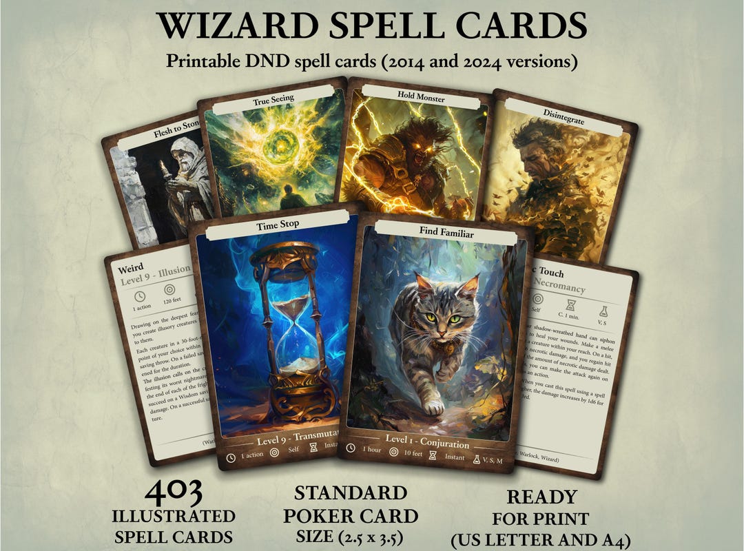 Wizard Dnd Spell Cards, Printable D&d 5e Spell Cards, 2014 and 2024 ...
