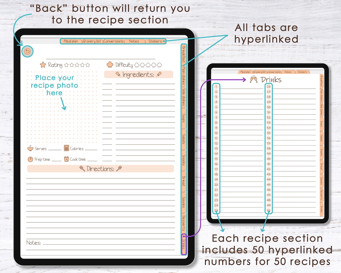 Digital Recipe Book PDF Template for Goodnotes, Hyperlinked Recipe Book ...