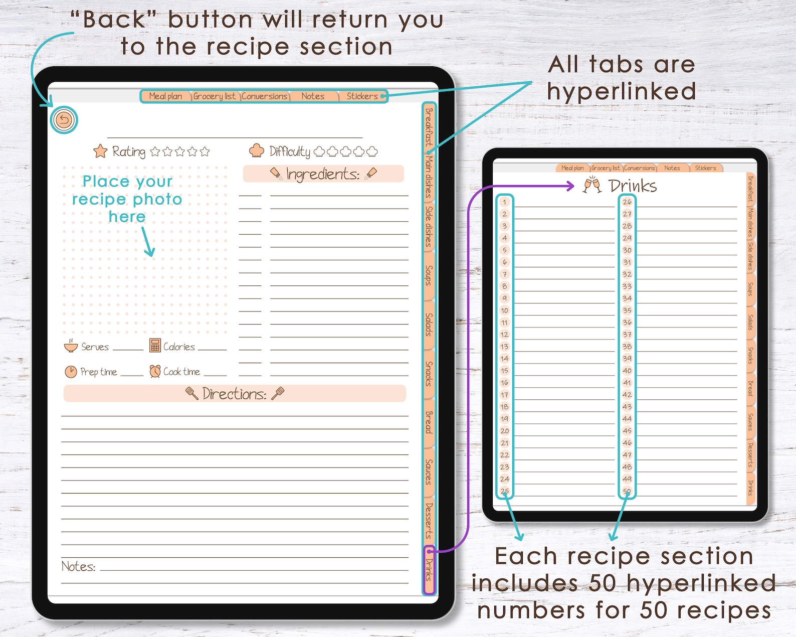 Digital Recipe Book PDF Template for Goodnotes, Hyperlinked Recipe Book ...