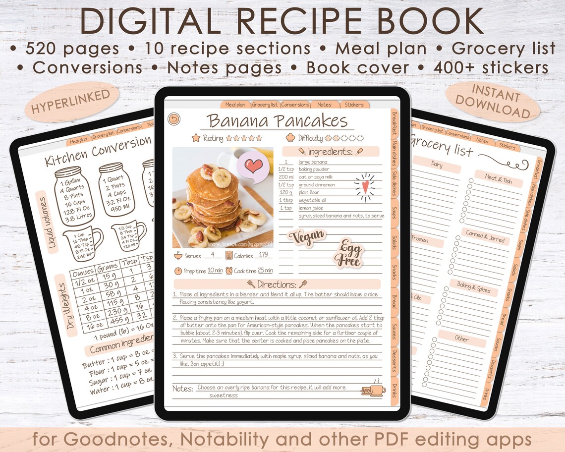 Digital Recipe Book PDF Template for Goodnotes, Hyperlinked Recipe Book ...