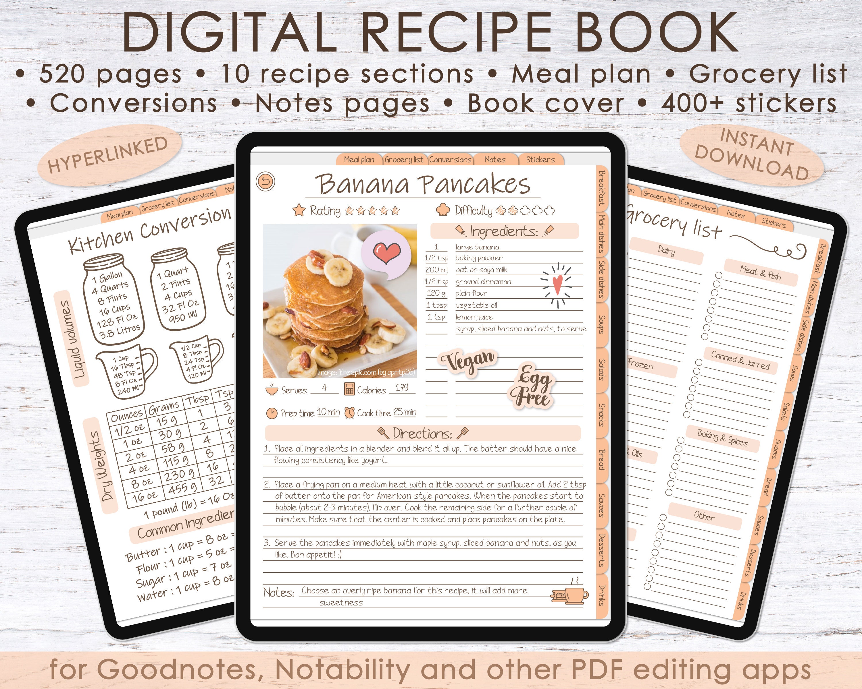 Digital Recipe Book PDF Template for Goodnotes, Hyperlinked Recipe Book ...