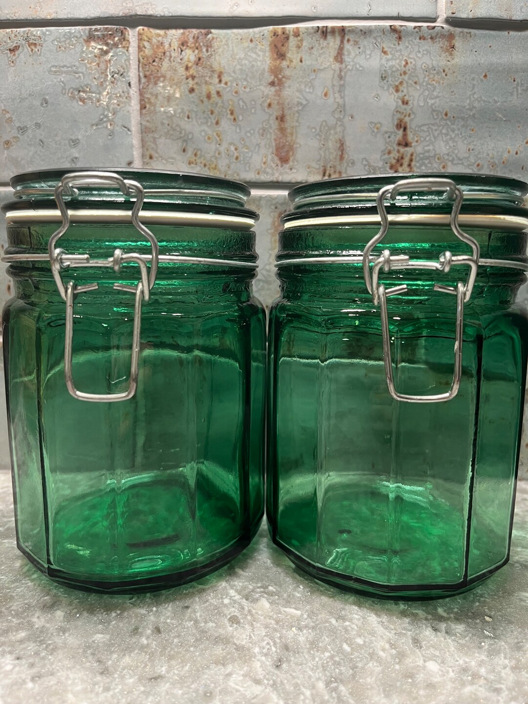 Vintage Set of Two Green Storage Jars - Etsy