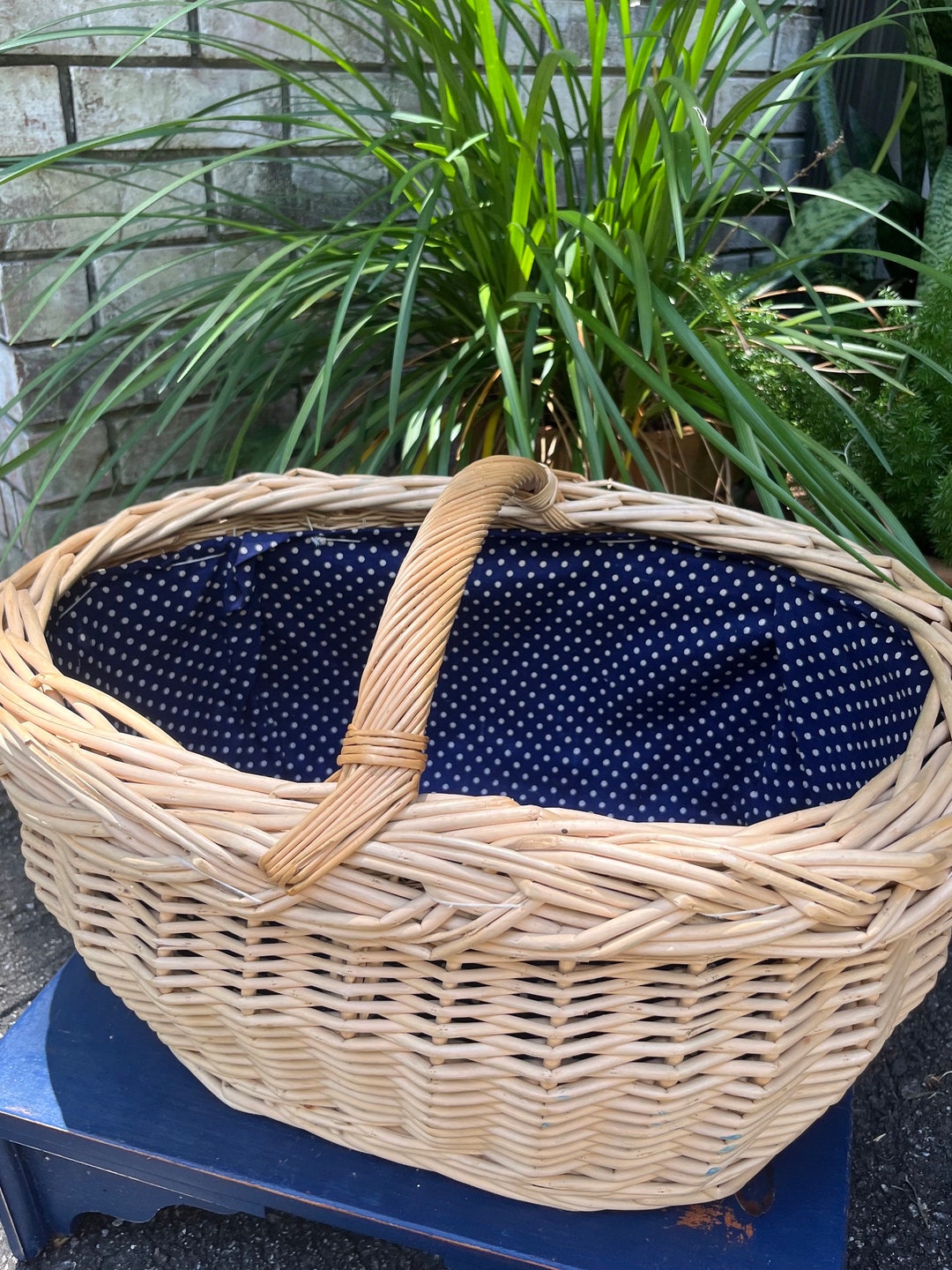Beautiful Vintage Large Oval Basket With Handle & Blue and White Polka ...
