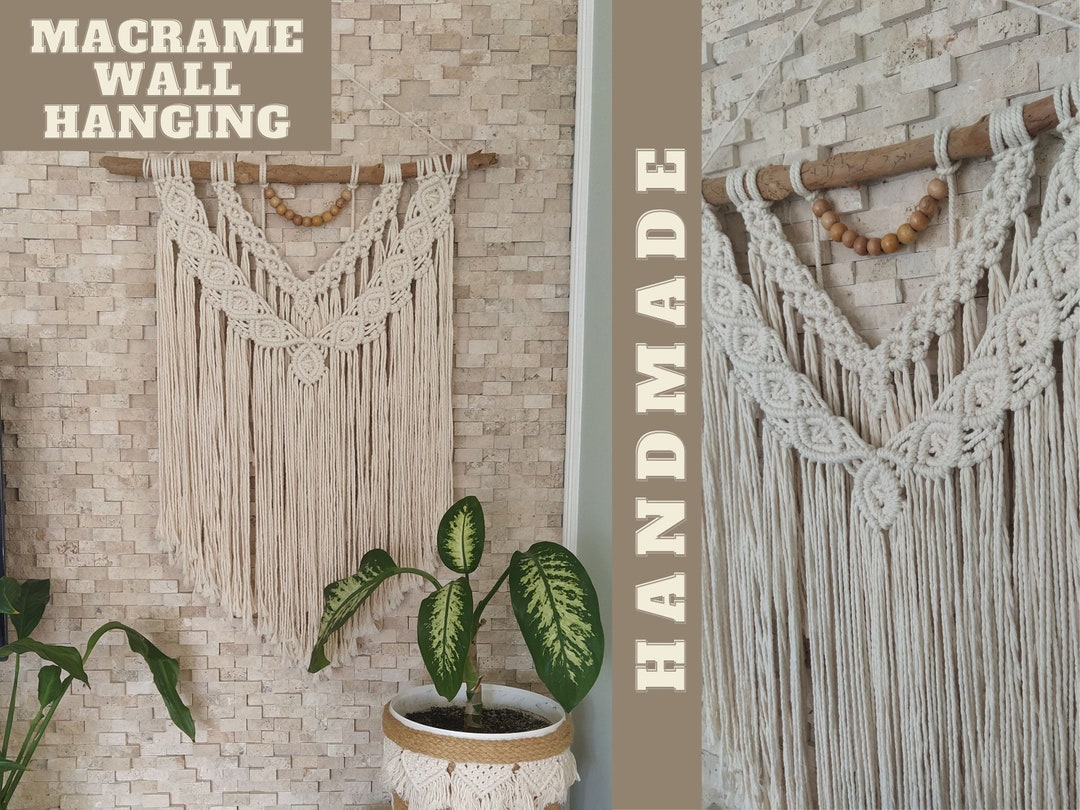 Macrame Wall Hanging, Ecru Colored Beaded Handmade Wall Hanging ...