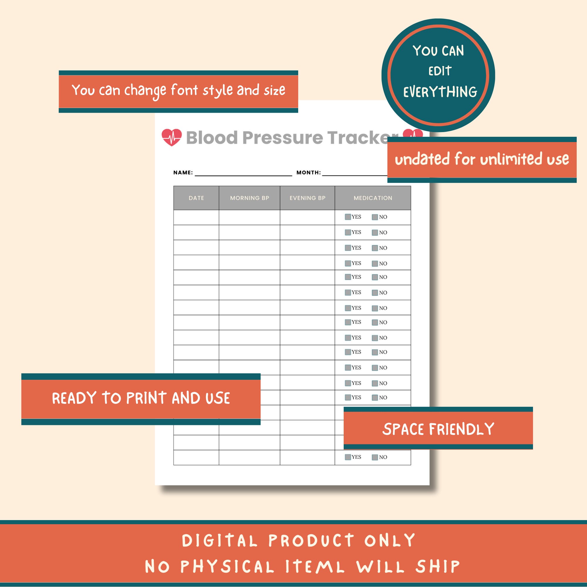 Editable Blood Pressure Chart for High Blood and Low Blood, Hypotension ...