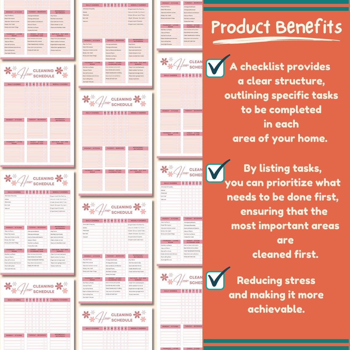 Floral House Cleaning Checklist for Mom, Printable Adult Chore Chart ...