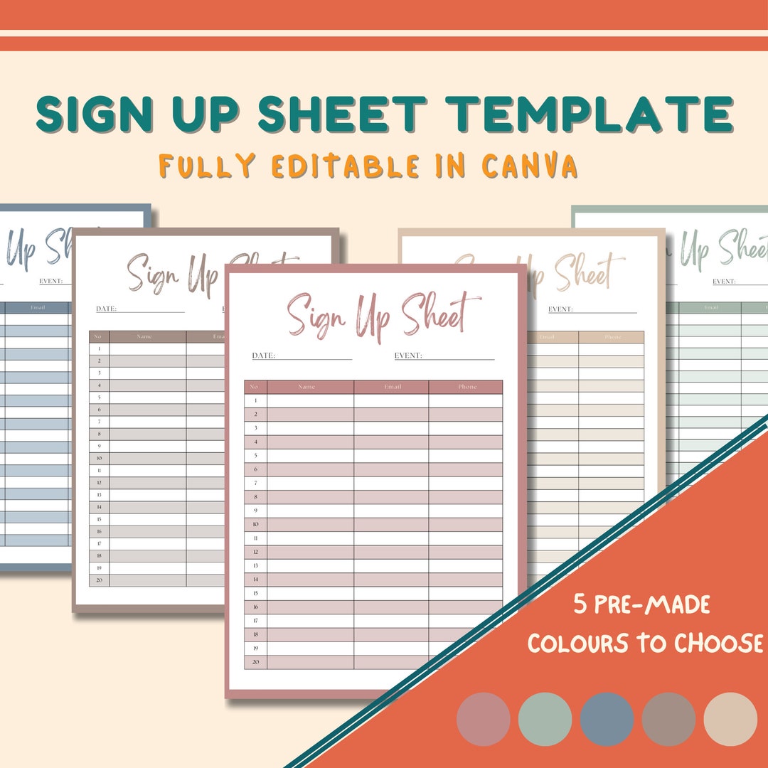 Nude Color Sign up Sheet for Volunteer, Attendance Sign up Form ...