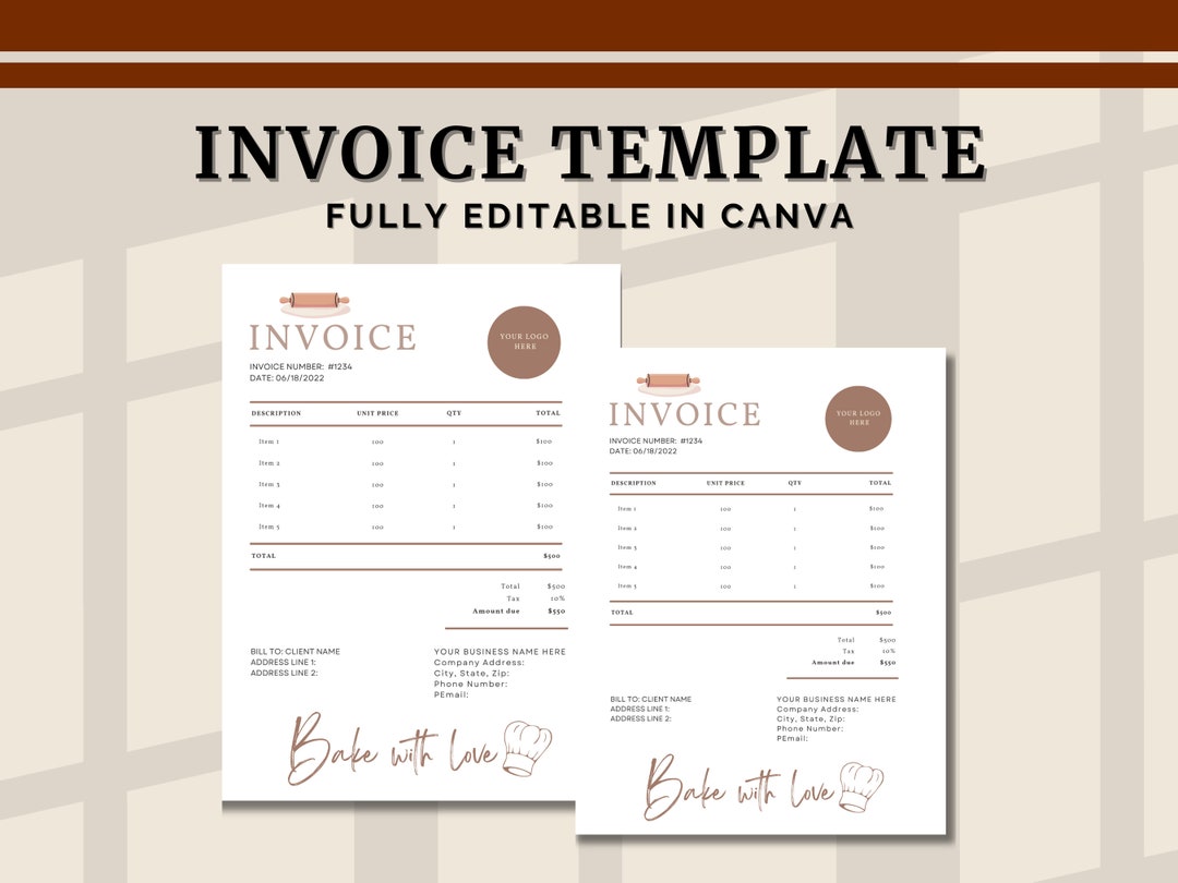 Invoice Template for Bakery Brown Invoice Receipt for Baker Custom ...