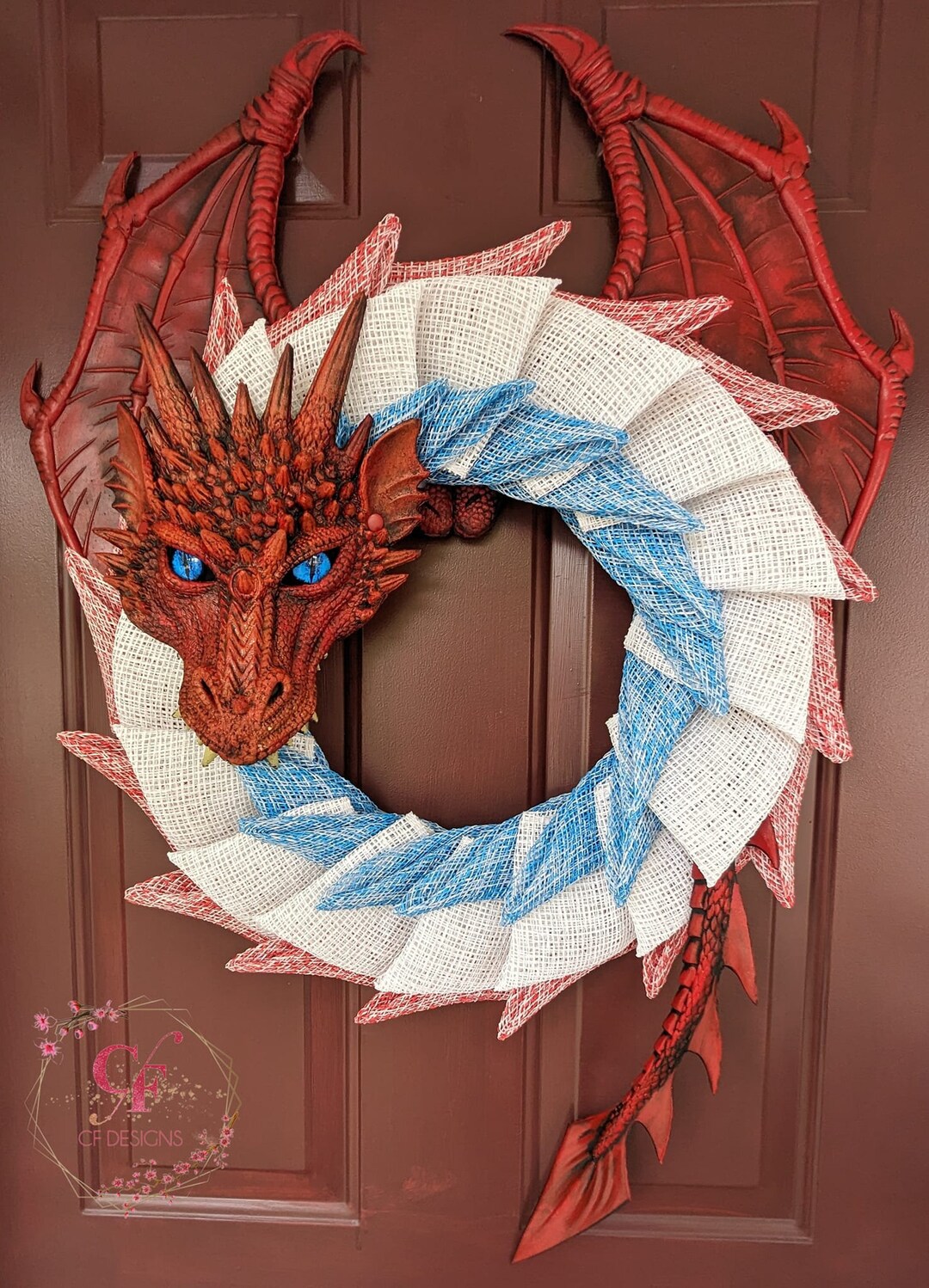 Patriotic Dragon, Dragon Wreath, Red, White and Blue, Front Door Wreath ...