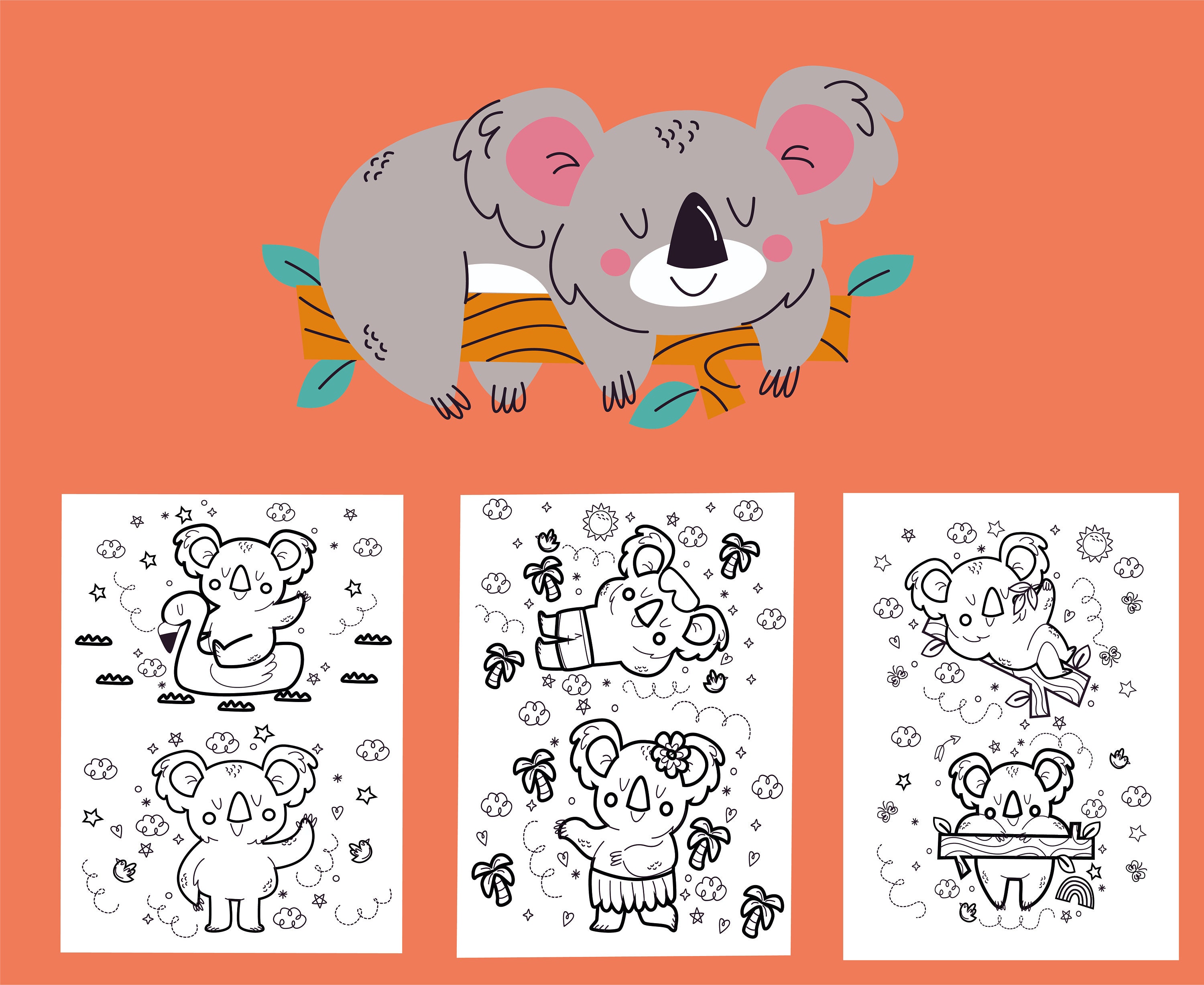 Cute Koala Coloring Scenes Pages for Kids Toddlers Easy Coloring Book ...