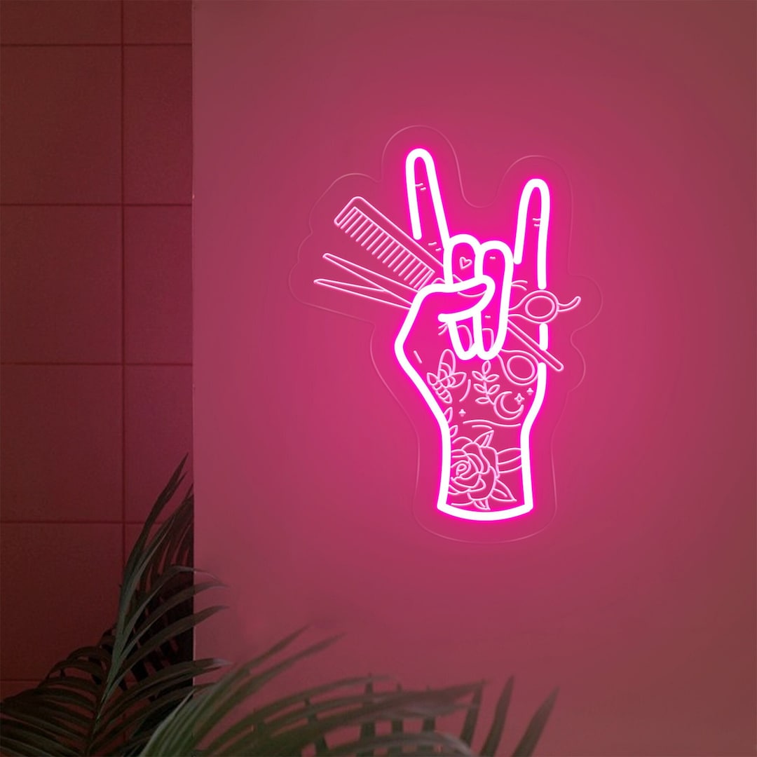 Stylish Hand Holding Scissors and Comb Peace Neon Sign, Hair Studio Led ...