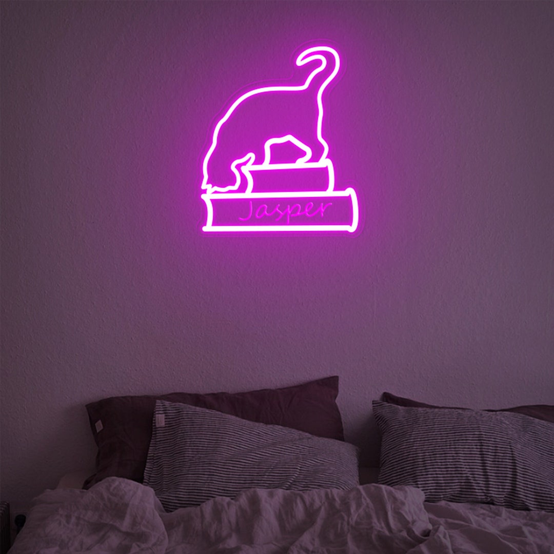 Kitten Book Custom Name Neon Sign, Cat Book Line Led Light, Wall Art ...