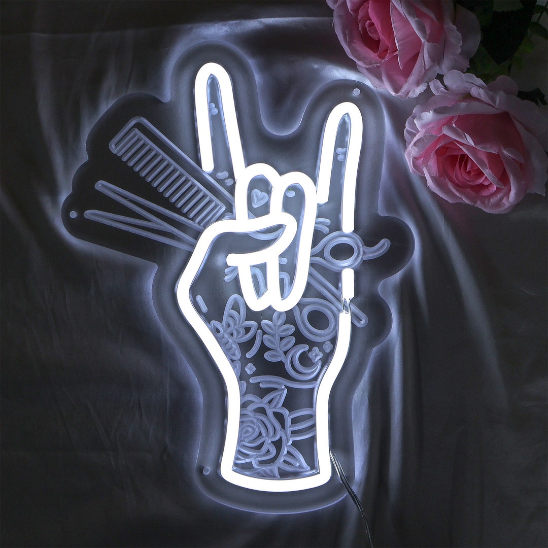 Stylish Hand Holding Scissors and Comb Peace Neon Sign, Hair Studio Led ...