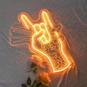 Stylish Hand Holding Scissors and Comb Peace Neon Sign, Hair Studio Led ...