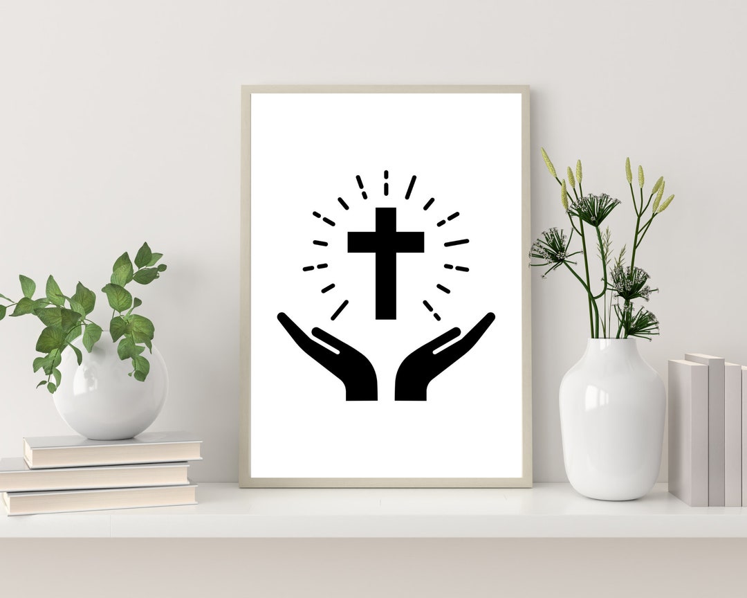 Praying Hands Holding Cross Wall Art, Religious Decor, Home Decor ...