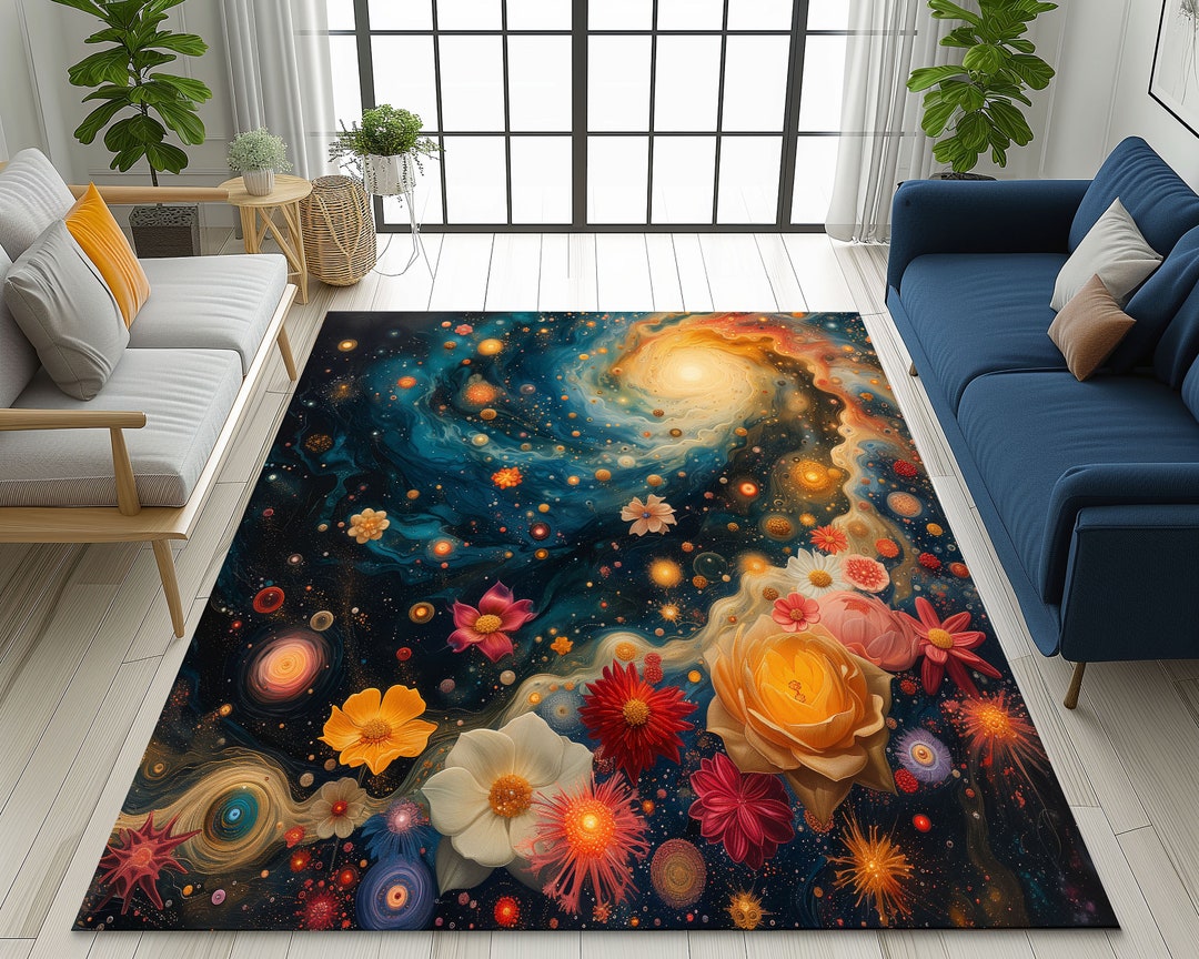 Abstract Rug in Flower Galaxy Pattern, Space Rug, Rugs for Bedroom ...