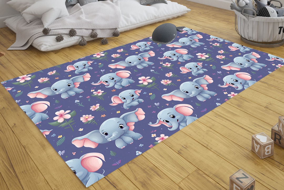 Rug With Smiling Elephants, Children Room Rug, Girl Room Rugs, Cute ...