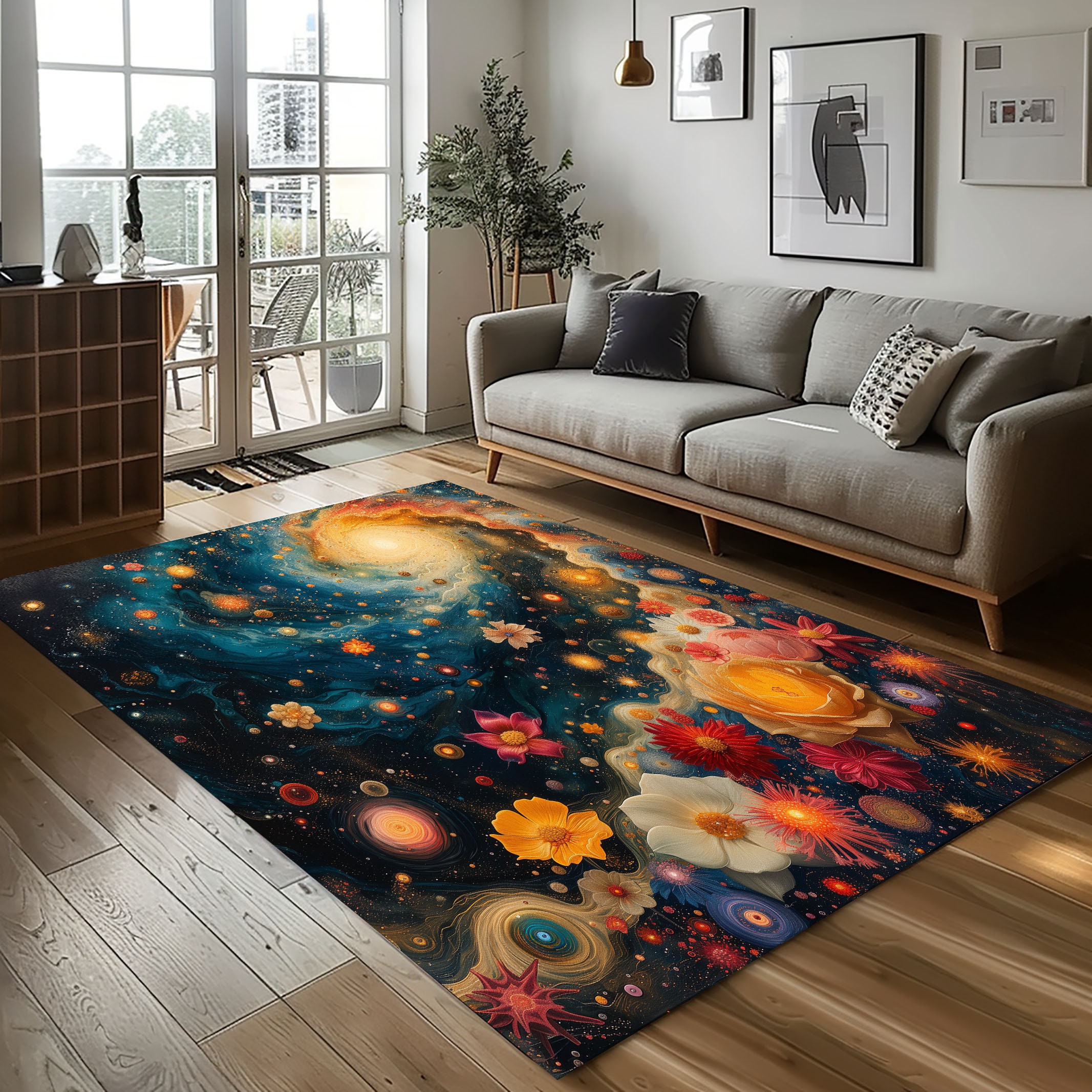Abstract Rug in Flower Galaxy Pattern, Space Rug, Rugs for Bedroom ...