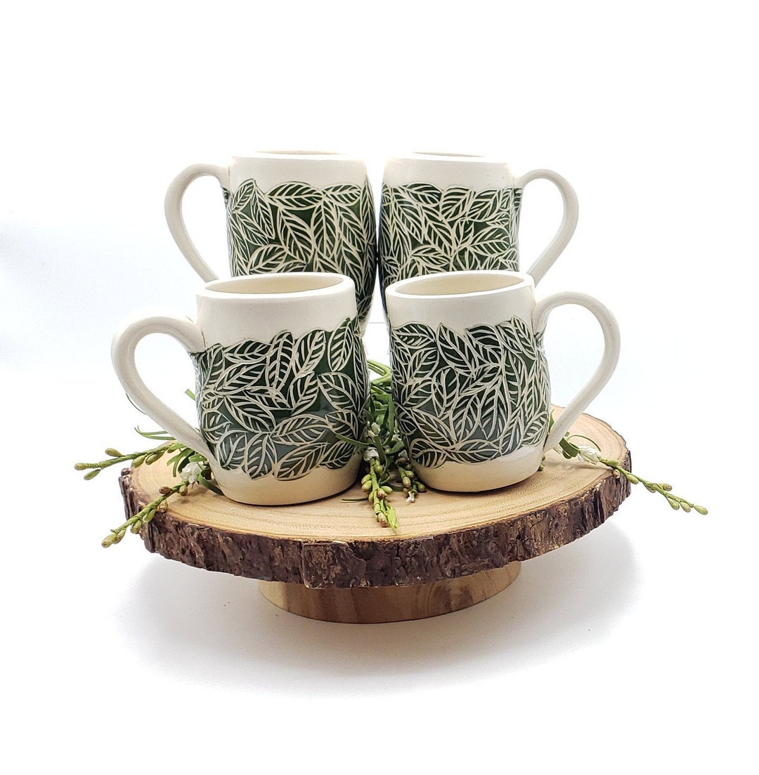 Handmade Botanical Ceramic Coffee Mug, Sgraffito Leaf Design - Etsy