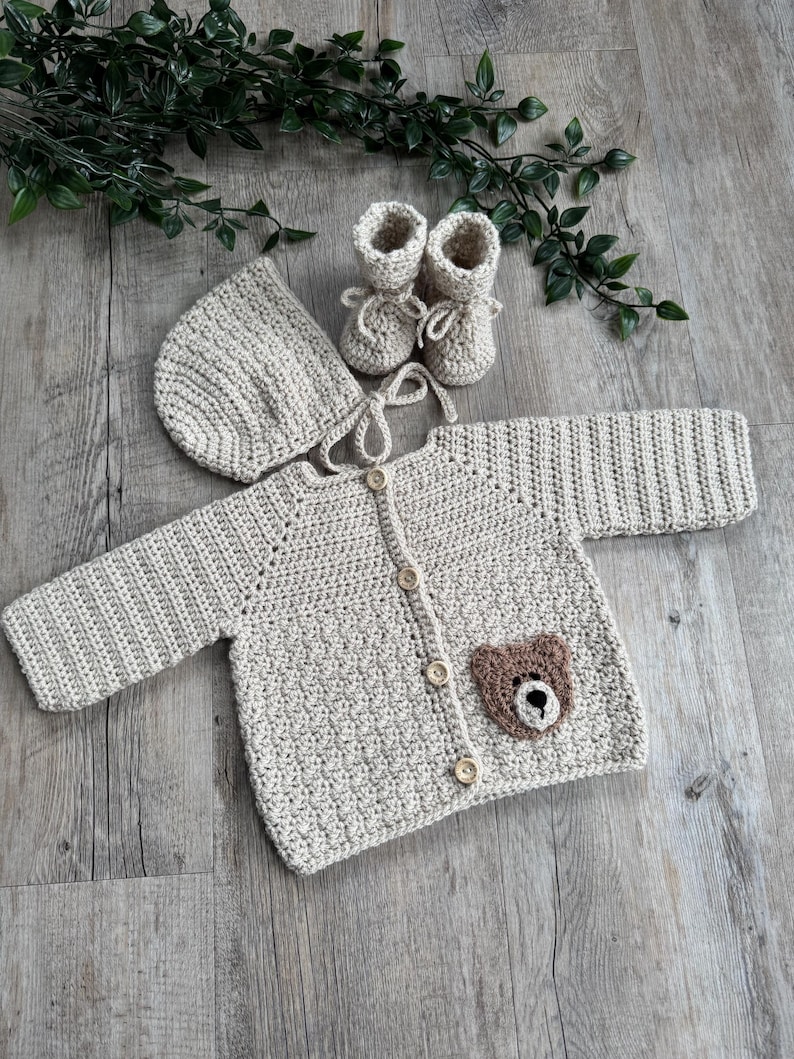 Handmade Crochet Baby Cardigan Set: Teddy Bear Appliqué, Gender Neutral ...