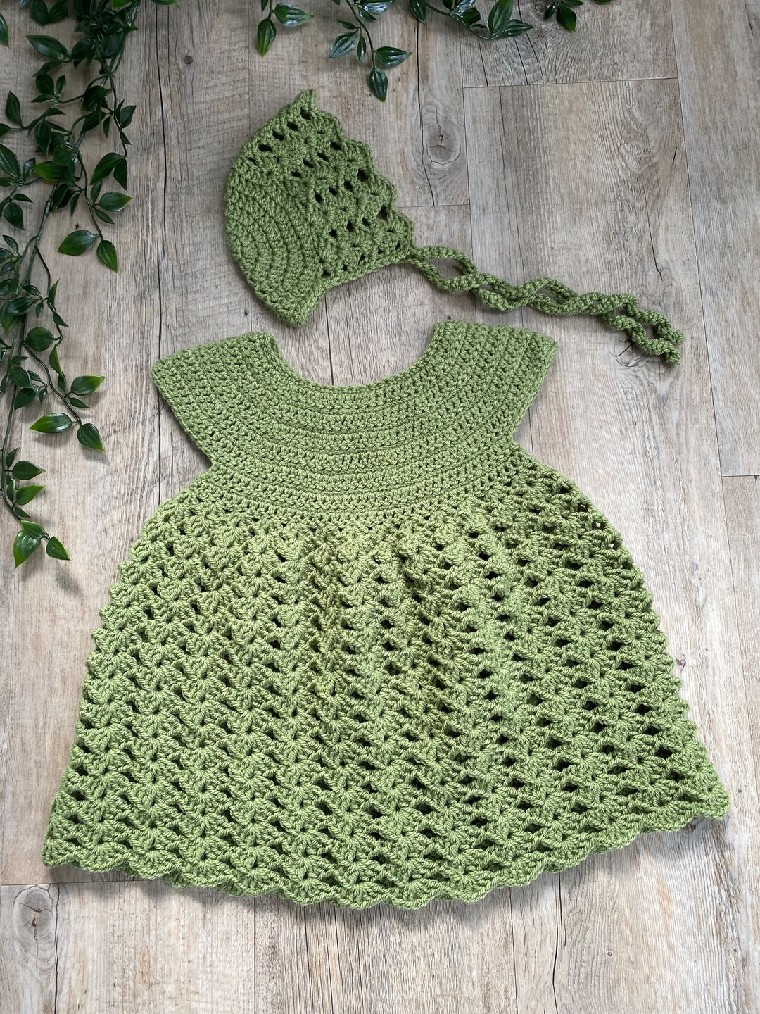 Madeline Handmade Crocheted Sage Green Baby Girl Dress and Bonnett Gift ...