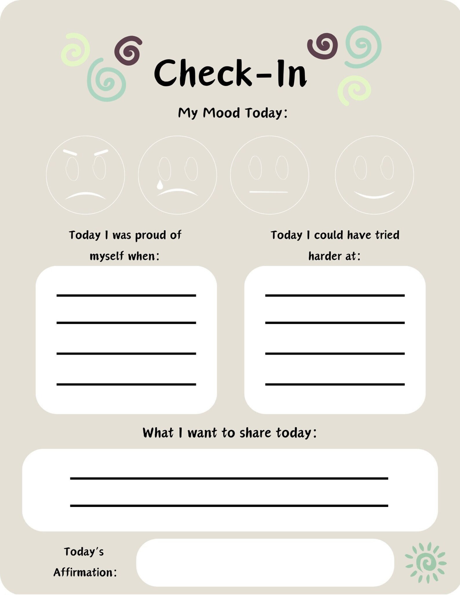 Child Therapy Session Check-in Worksheet, Before Session, After Session ...