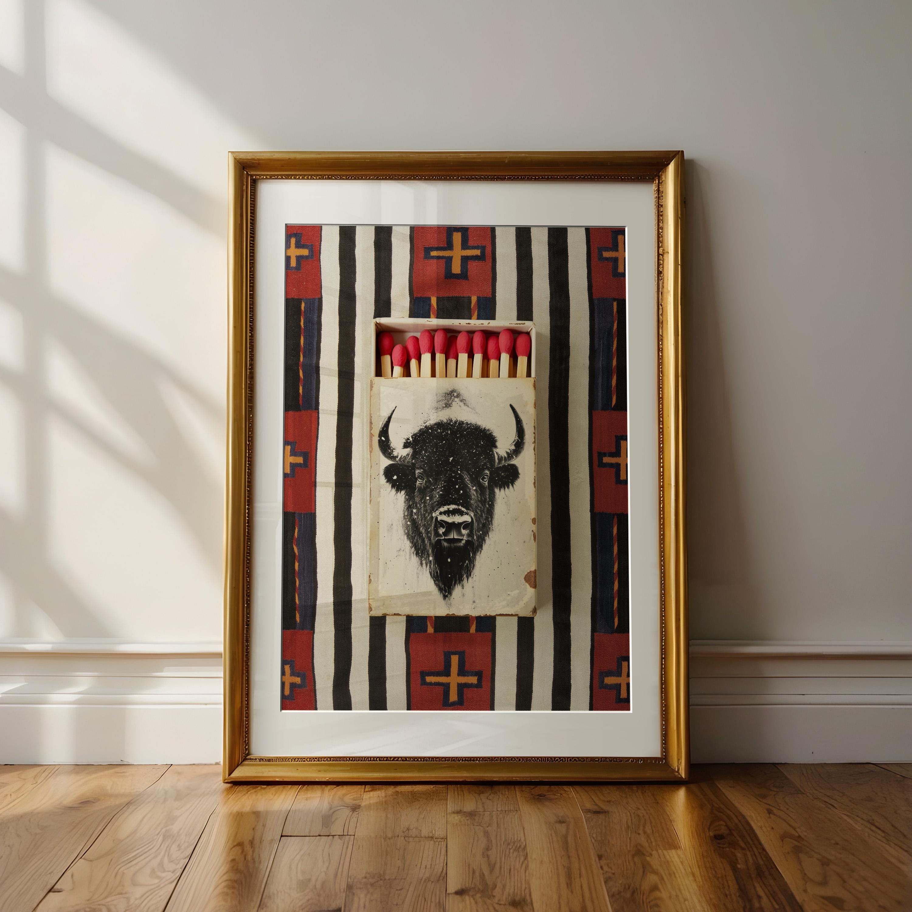 Western Wall Art - Bison Matchbox Print, Rugged Native American Lodge ...