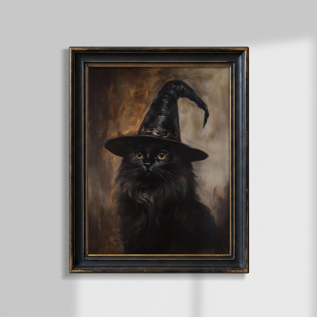 Black Cat in Witch Hat Painting – Neutral Fall Print, Witchy Halloween ...